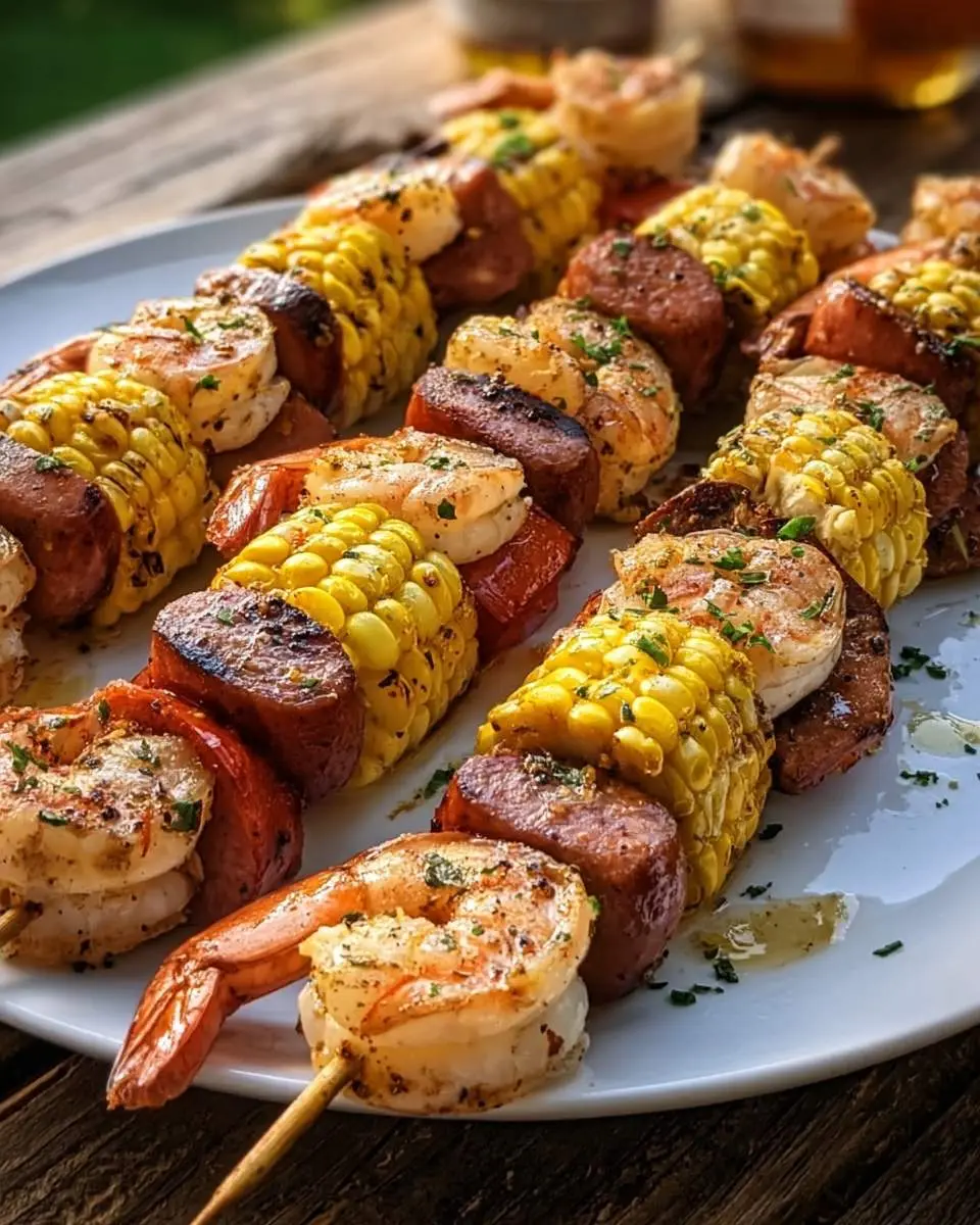 Shrimp Boil Skewers with Corn, Sausage and Potatoes