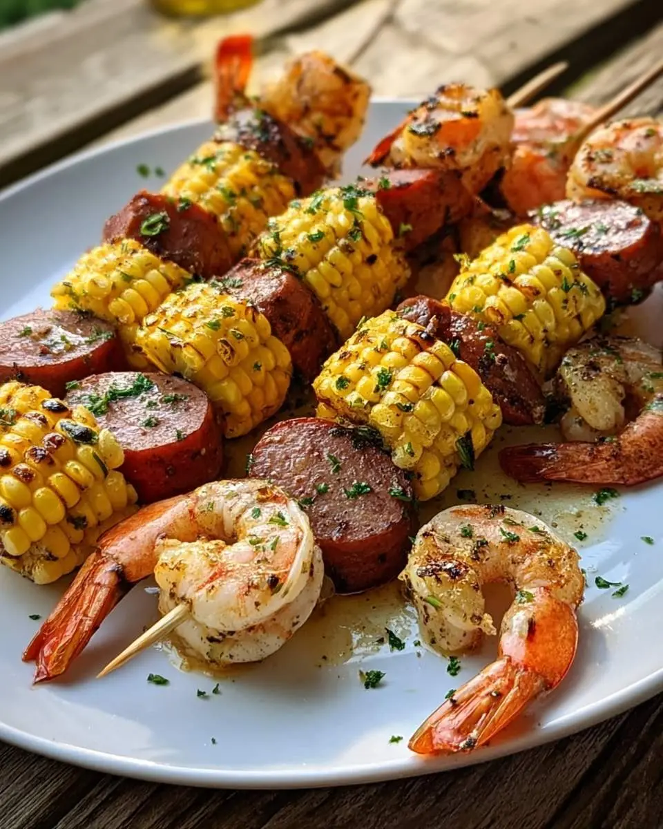 Shrimp Boil Skewers with Corn, Sausage and Potatoes