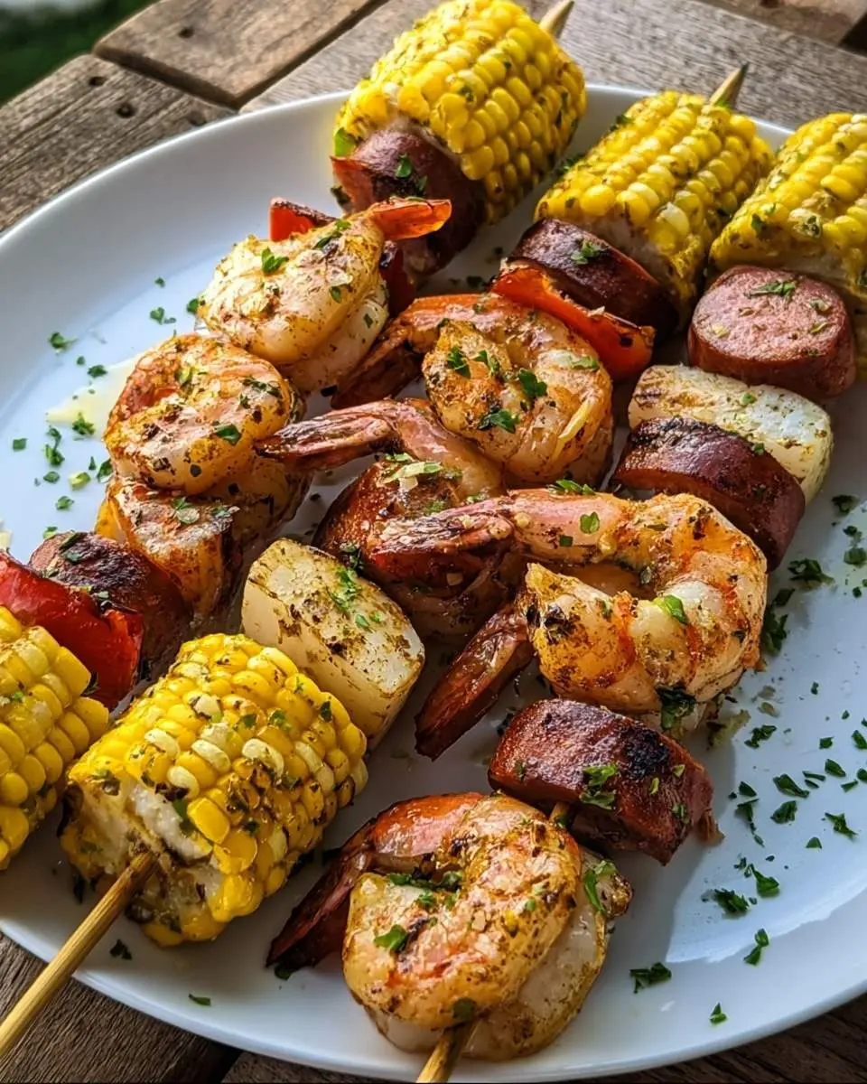 Shrimp Boil Skewers with Corn, Sausage and Potatoes